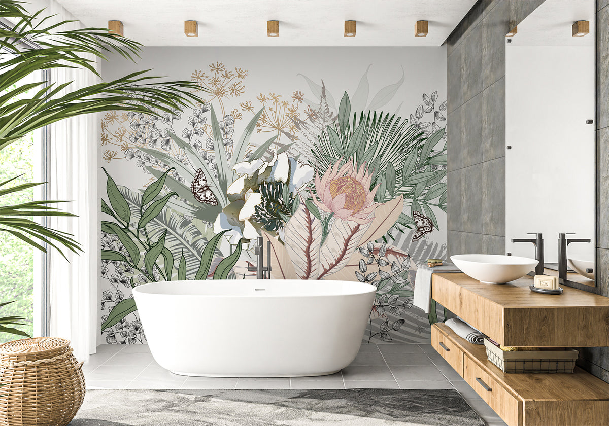 Botanic floral bathroom wallpaper - Muralconcept