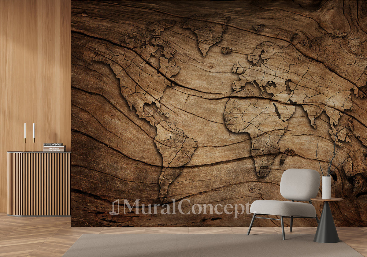Wood & Map wallpaper - Muralconcept